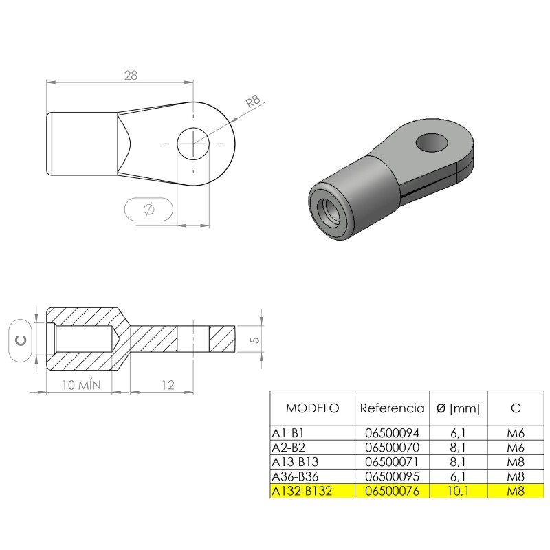 Terminal de ojal 10 mm (M6) · Resorte Gas